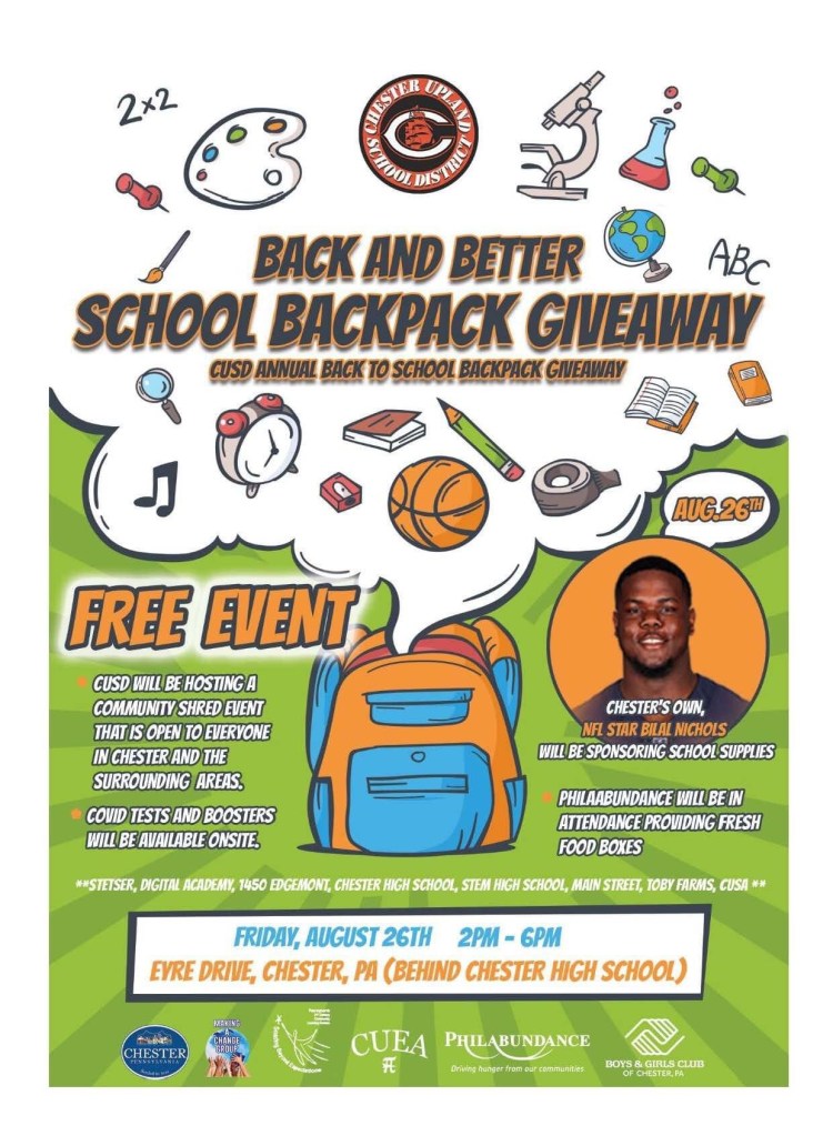 Chester Upland School Backpack 🎒 Giveaway – August 26th | Chester Eastside